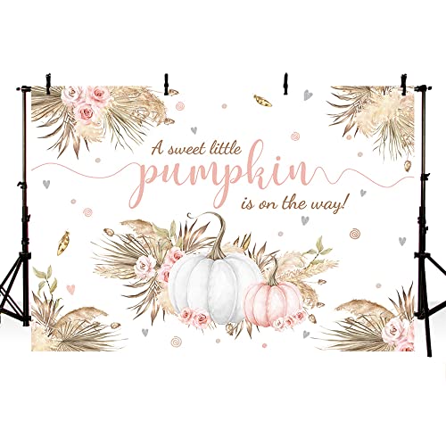 MEHOFOND 7x5ft Autumn Boho Little Pumpkin Backdrop for Girl Baby Shower Fall Leaves Pampas Grass Pink White Floral Background for Photography Party Decorations Banner Photo Booth Props