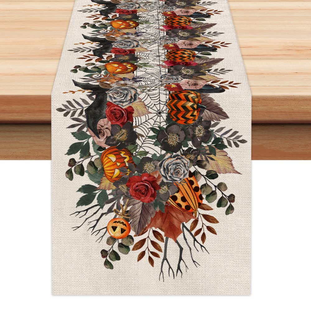 ARKENY Halloween Table Runner 13x72 Inches,Pumpkin Flower Spider Web Bat Seasonal Farmhouse Indoor Kitchen Dining Table Decorations for Home Party AT291-72