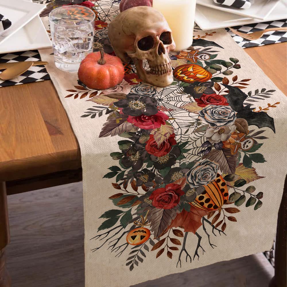 ARKENY Halloween Table Runner 13x72 Inches,Pumpkin Flower Spider Web Bat Seasonal Farmhouse Indoor Kitchen Dining Table Decorations for Home Party AT291-72