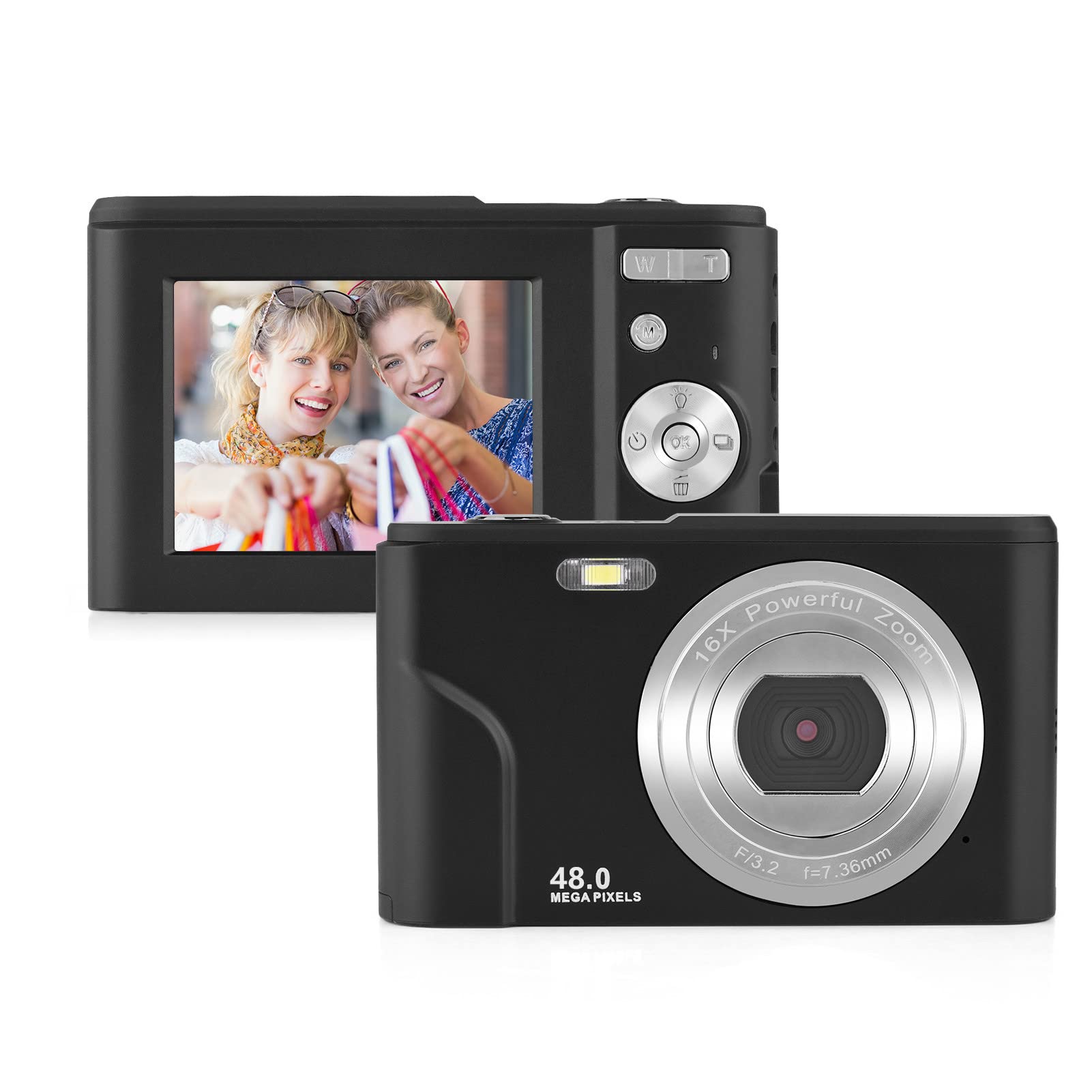 Andoer Portable Digital Camera 48MP 1080P 2.4-inch IPS Screen 16X Zoom Auto Focus Self-Timer 128GB Extended Memory Face Detection Anti-Shaking with 2pcs Batteries Hand Strap Carry Pouch