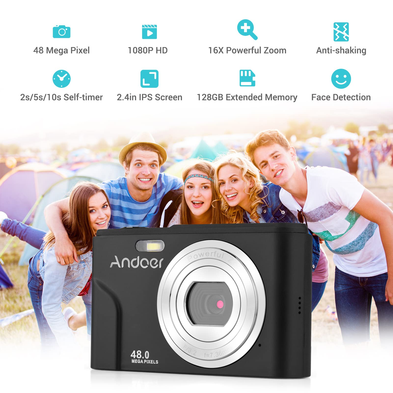 Andoer Portable Digital Camera 48MP 1080P 2.4-inch IPS Screen 16X Zoom Auto Focus Self-Timer 128GB Extended Memory Face Detection Anti-Shaking with 2pcs Batteries Hand Strap Carry Pouch