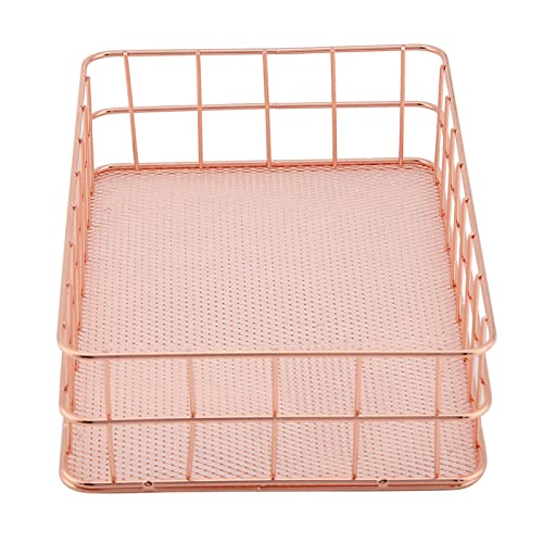 Fdit Storage Basket,Rose Gold Iron Storage Basket Organizer Shelf Storage Rack Desk Decor for Office,Home and Student Desk(D)