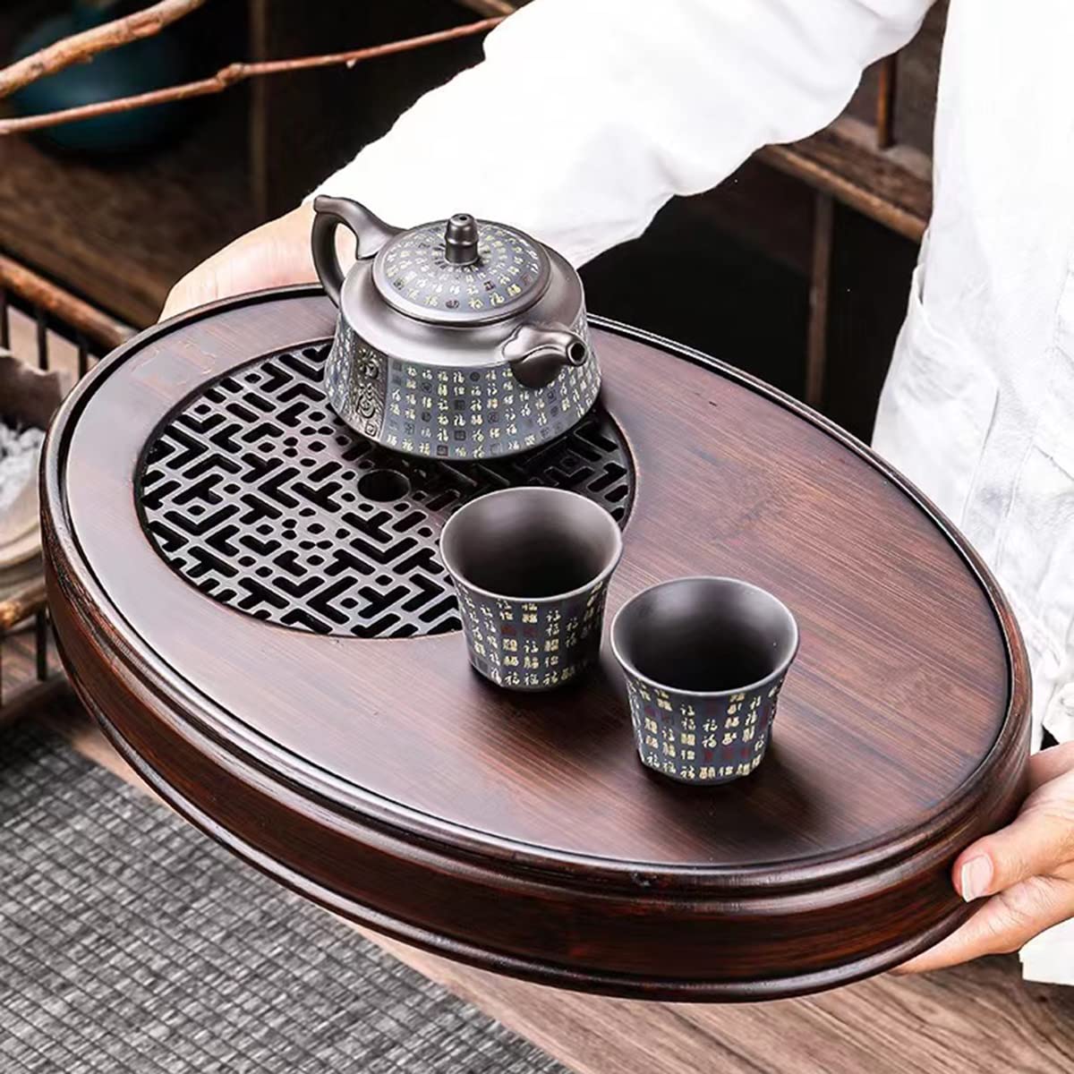 Oval Chinese Kungfu Bamboo Tea Tray Table Box with Water Storage for Gongfu Tea Set (Large)