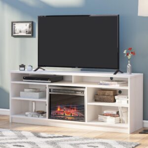 Ameriwood Home Hendrix 65" TV Stand with Electric Fireplace Insert and 6 Shelves, Ivory Oak