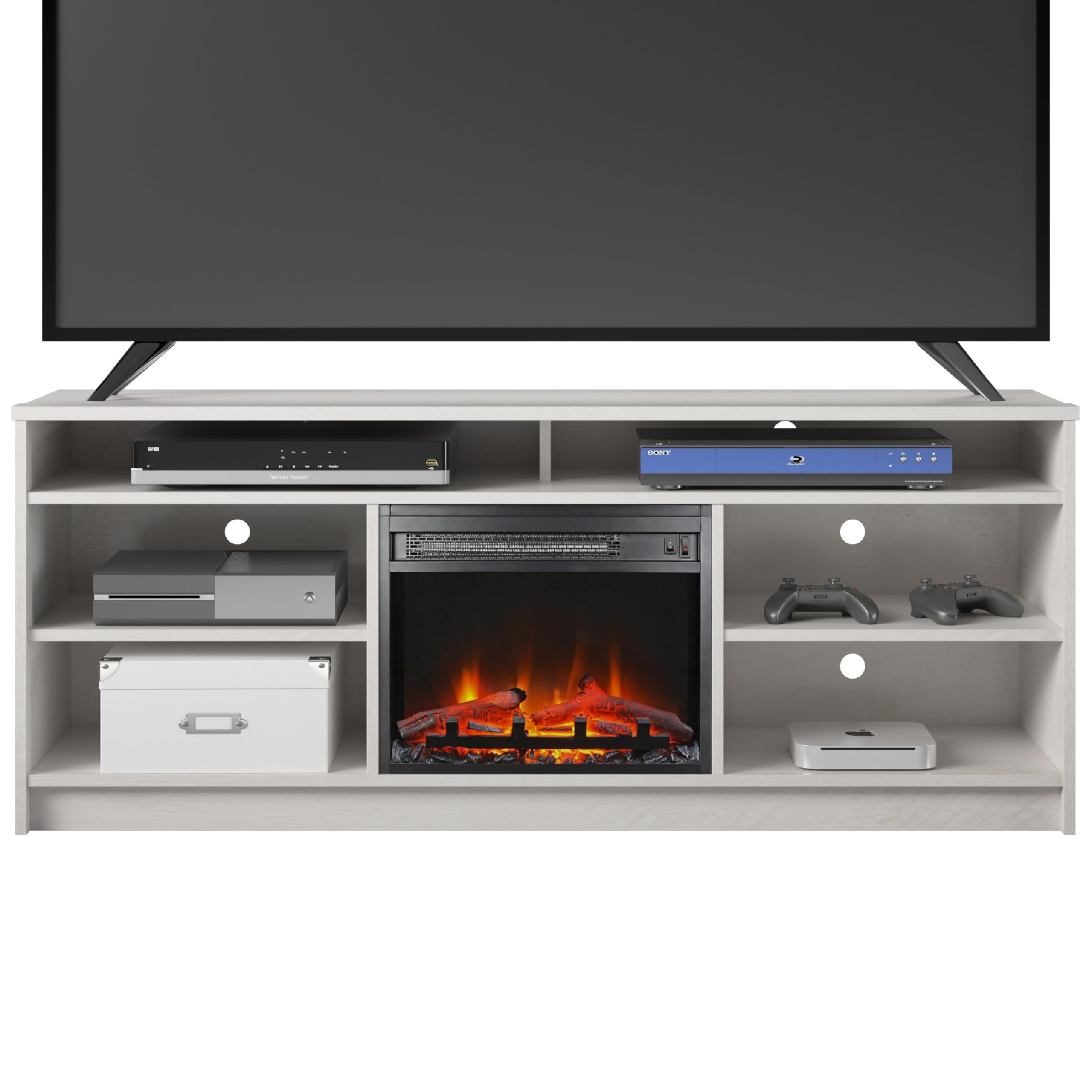 Ameriwood Home Hendrix 65" TV Stand with Electric Fireplace Insert and 6 Shelves, Ivory Oak