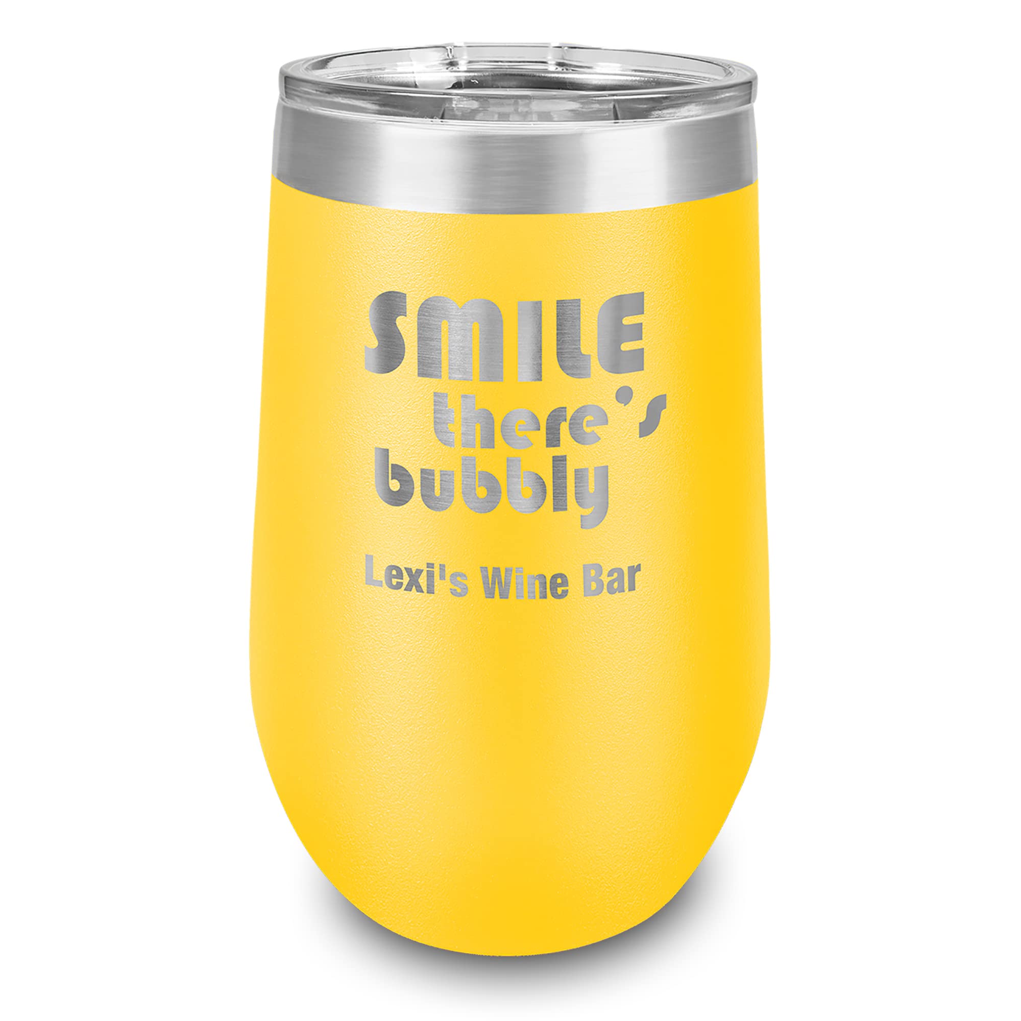 Personalized 16 oz Polar Camel Stainless Steel Stemless Wine Tumbler, Custom Laser Engraved Metal Wine Glass, Customized Monogram Cup (Yellow)