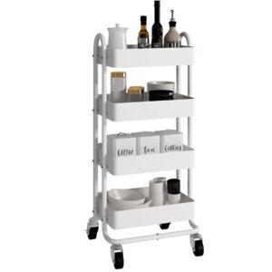 miocasa 4-tier metal utility rolling cart, heavy duty multifunction cart with lockable casters, easy to assemble, suitable for office, bathroom, kitchen, garden (white)