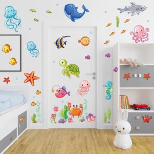 Glow in The Dark Cute Ocean Wall Decals, Under The Sea Life Fish Animals Stickers for Nursery, Removable Living Room Bedroom Bathroom Decoration