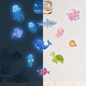 Glow in The Dark Cute Ocean Wall Decals, Under The Sea Life Fish Animals Stickers for Nursery, Removable Living Room Bedroom Bathroom Decoration