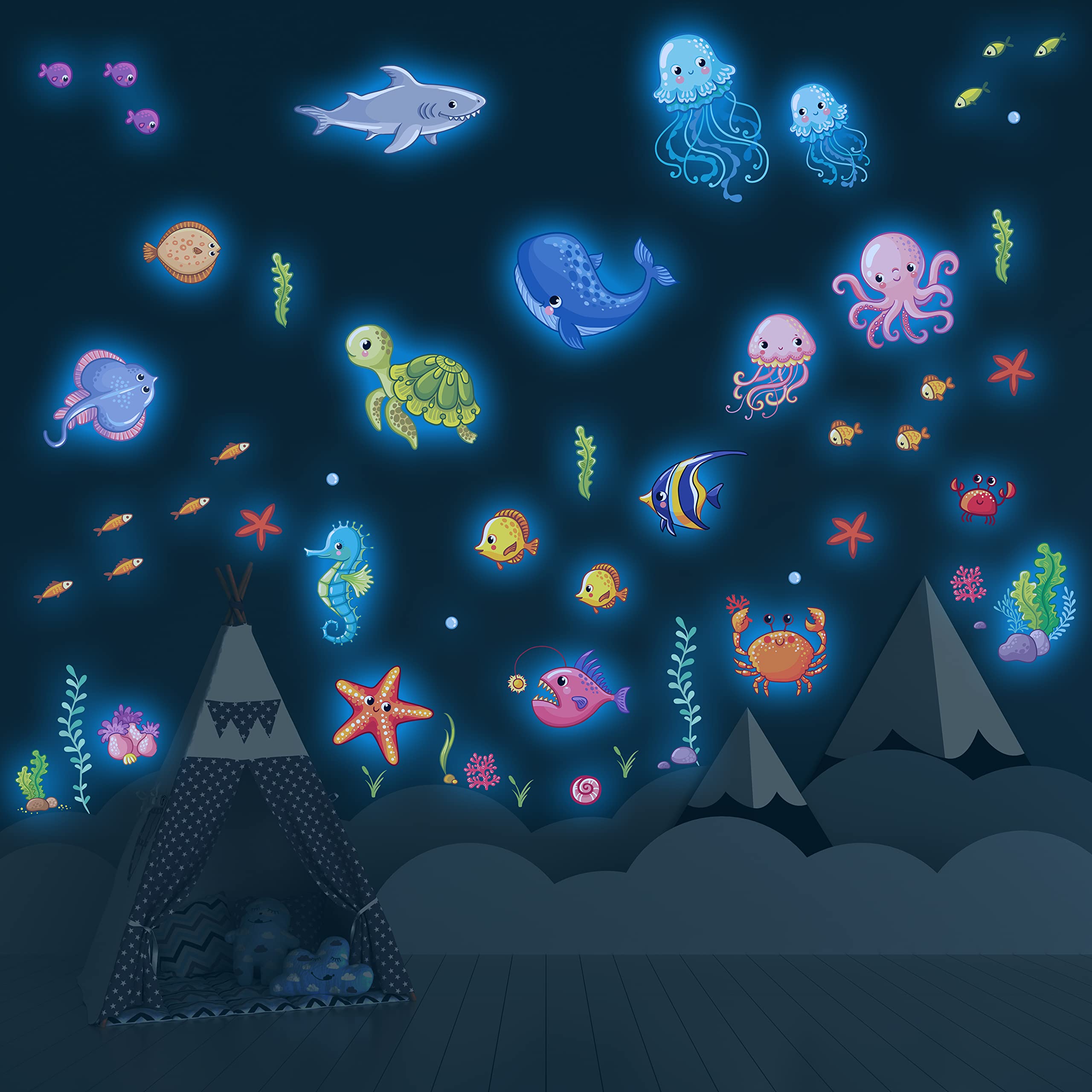 Glow in The Dark Cute Ocean Wall Decals, Under The Sea Life Fish Animals Stickers for Nursery, Removable Living Room Bedroom Bathroom Decoration