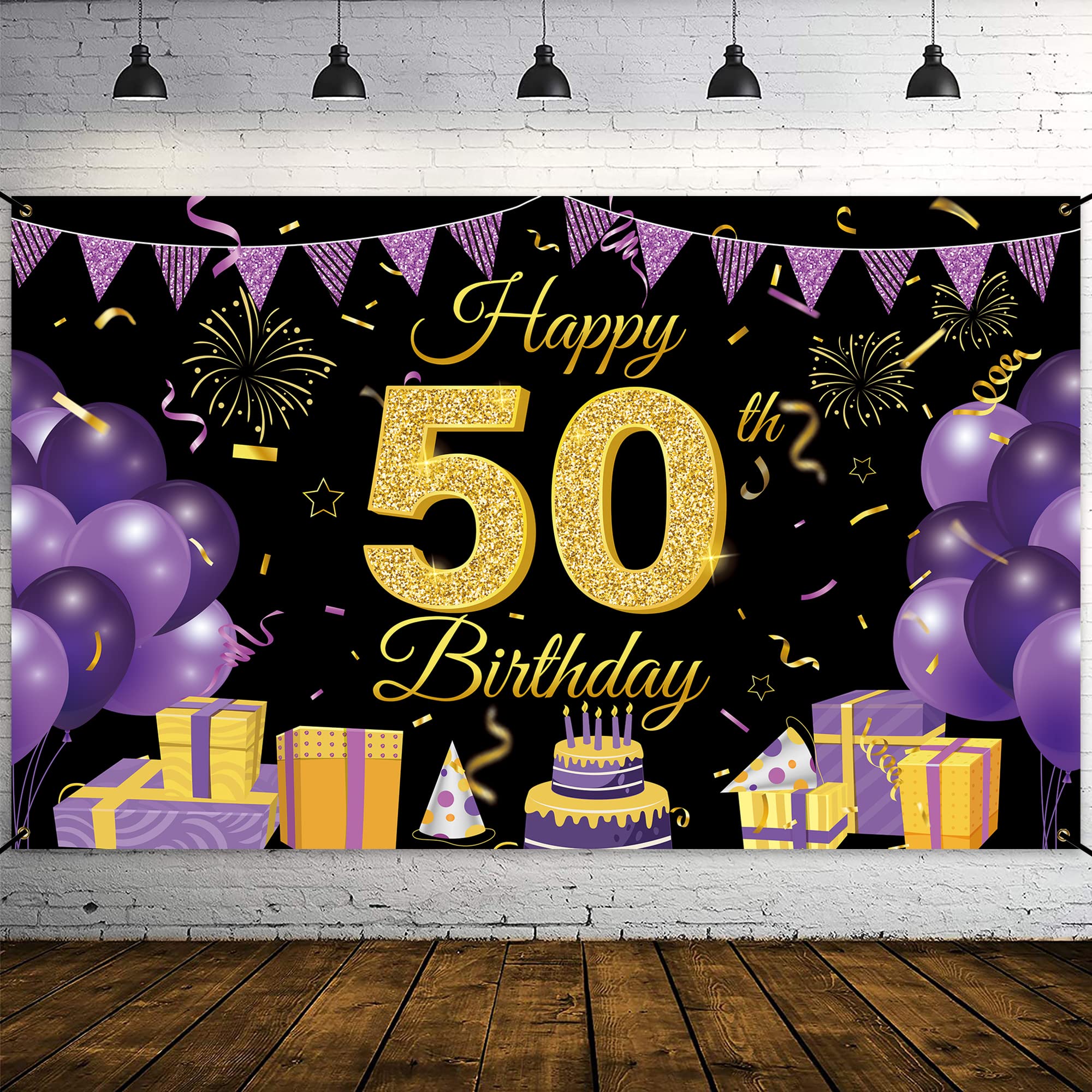 Wiipenex Happy 50th Birthday Backdrop Banner 70.86” x 43.3” Purple Black 50th Birthday Decorations Cheers to 50 Years Old Balloons Backdrop Party Supplies Birthday Yard Sign Poster Background Banners