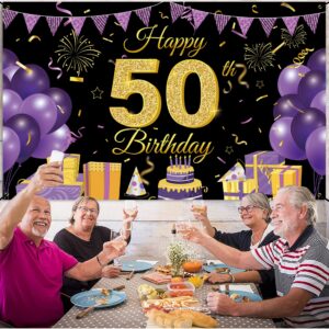 Wiipenex Happy 50th Birthday Backdrop Banner 70.86” x 43.3” Purple Black 50th Birthday Decorations Cheers to 50 Years Old Balloons Backdrop Party Supplies Birthday Yard Sign Poster Background Banners