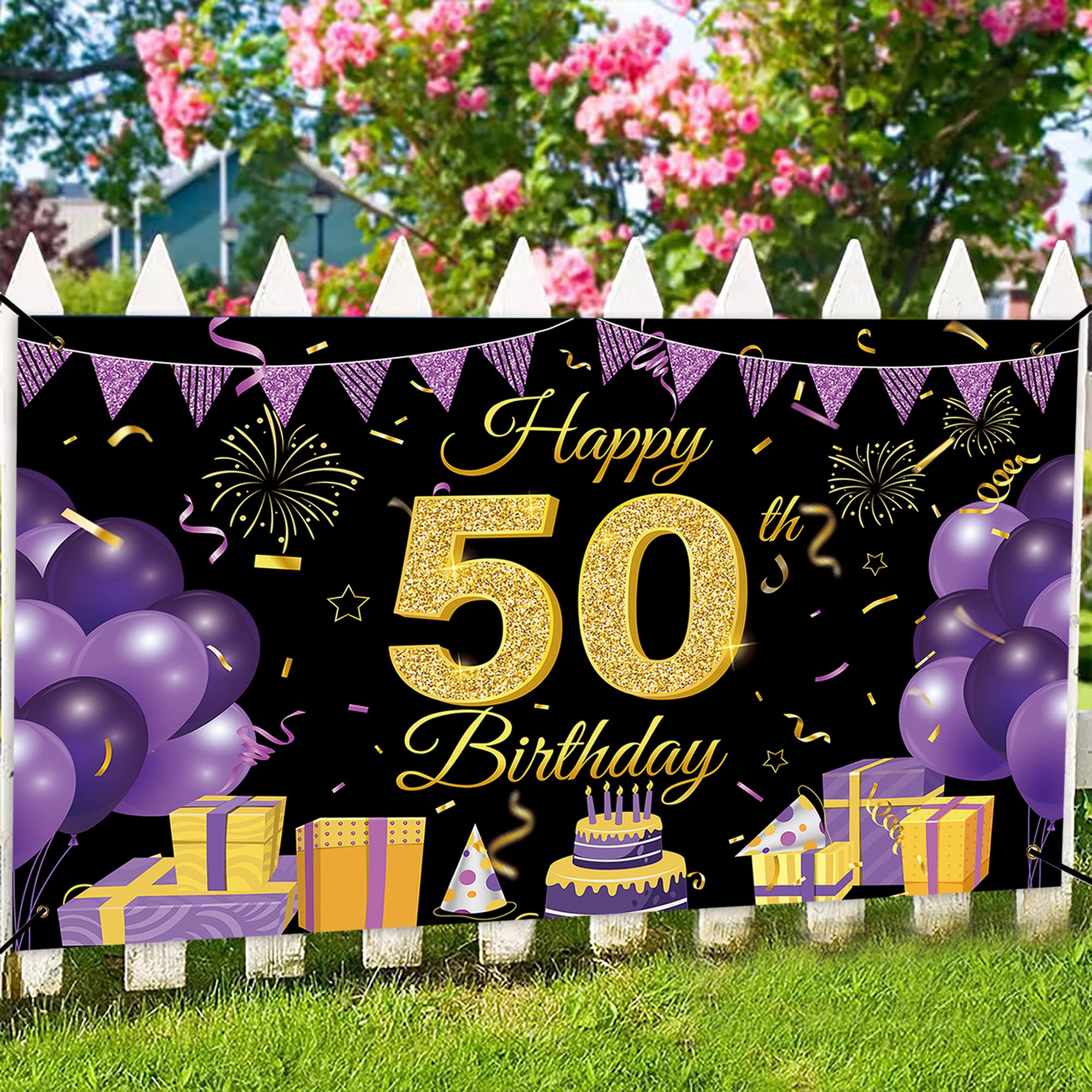 Wiipenex Happy 50th Birthday Backdrop Banner 70.86” x 43.3” Purple Black 50th Birthday Decorations Cheers to 50 Years Old Balloons Backdrop Party Supplies Birthday Yard Sign Poster Background Banners