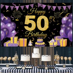 Wiipenex Happy 50th Birthday Backdrop Banner 70.86” x 43.3” Purple Black 50th Birthday Decorations Cheers to 50 Years Old Balloons Backdrop Party Supplies Birthday Yard Sign Poster Background Banners