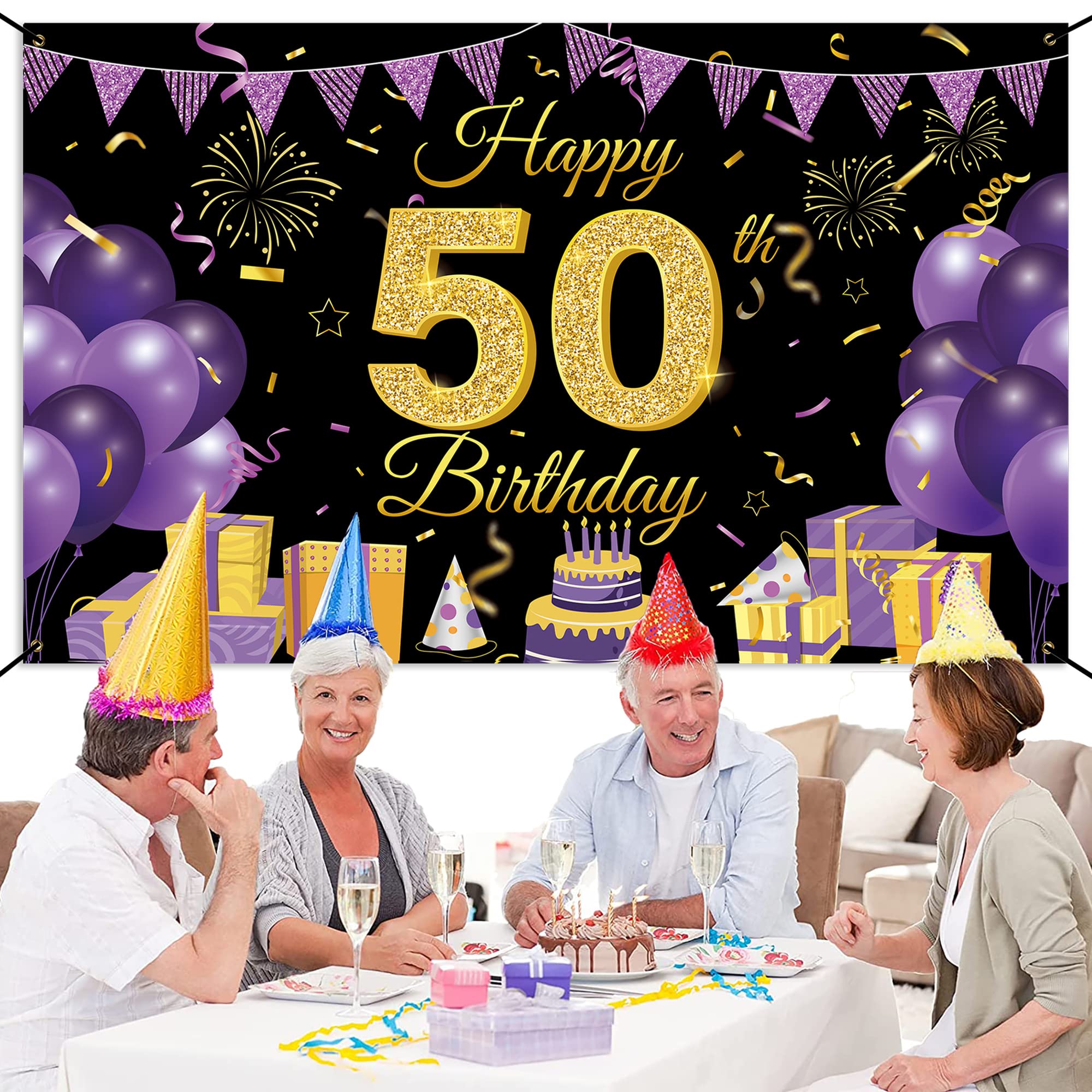 Wiipenex Happy 50th Birthday Backdrop Banner 70.86” x 43.3” Purple Black 50th Birthday Decorations Cheers to 50 Years Old Balloons Backdrop Party Supplies Birthday Yard Sign Poster Background Banners