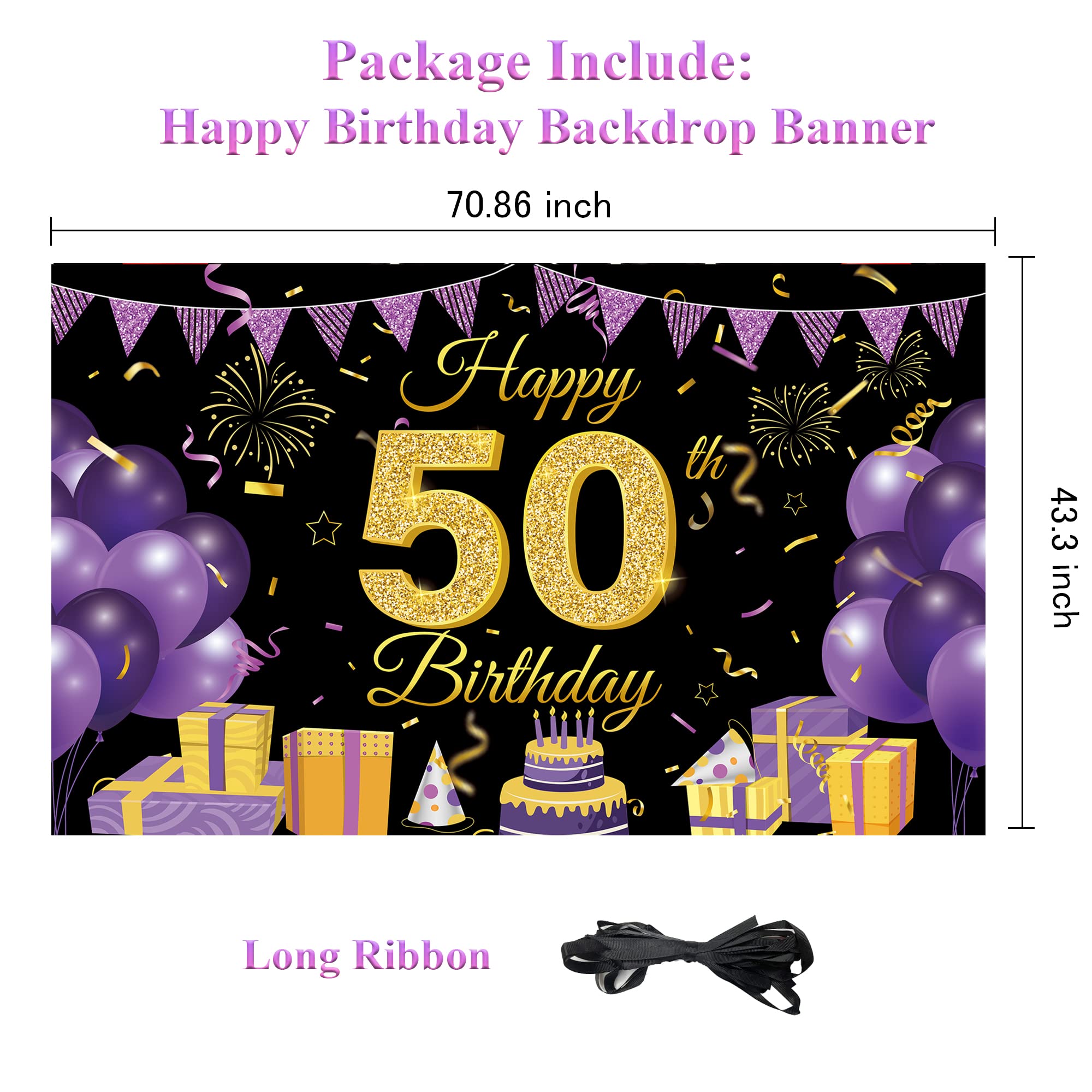 Wiipenex Happy 50th Birthday Backdrop Banner 70.86” x 43.3” Purple Black 50th Birthday Decorations Cheers to 50 Years Old Balloons Backdrop Party Supplies Birthday Yard Sign Poster Background Banners