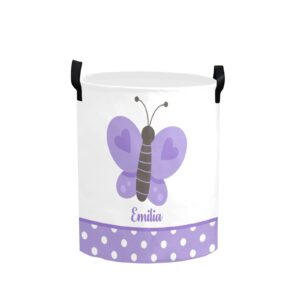 personalized laundry basket hamper,butterfly dots purple,collapsible storage baskets with handles for kids room,clothes, nursery decor