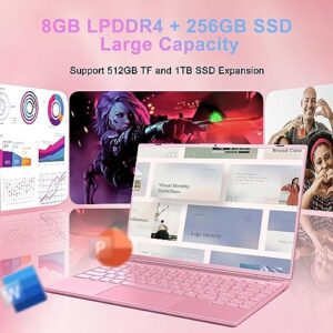 Ruzava/Aocwei 14" Laptop 8GB DDR4 256GB SSD Celeron Intel N5095 (Up to 2.9Ghz) 4-Core Win 11 PC with Cooling Fan 1920 * 1200 2K FHD Screen Dual WiFi Support 1TB SSD Expand for Game Work Study-Pink