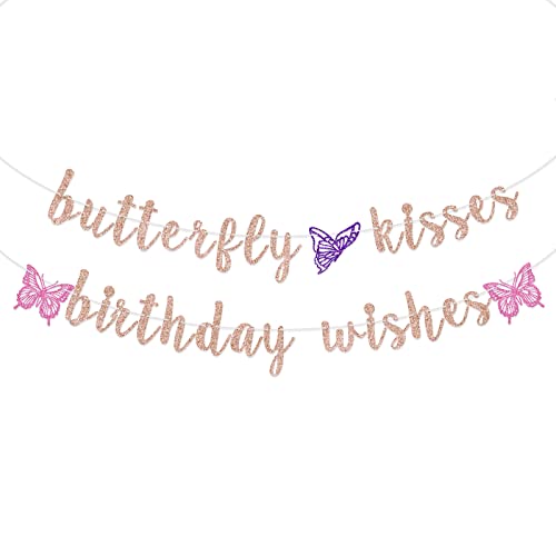 Butterfly Kisses Birthday Wishes Banner, Butterfly First Birthday Party Banner, Butterfly Birthday Party Decorations (Rose Gold)