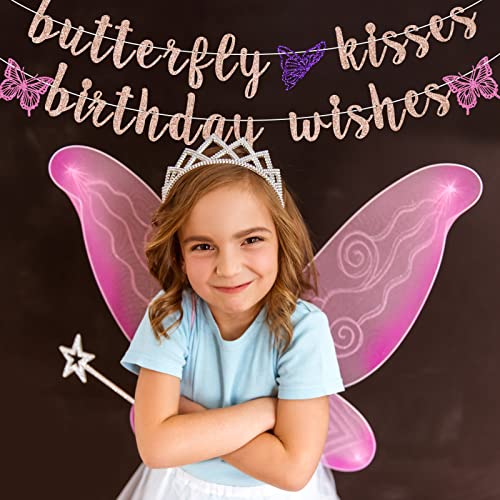 Butterfly Kisses Birthday Wishes Banner, Butterfly First Birthday Party Banner, Butterfly Birthday Party Decorations (Rose Gold)