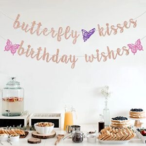 Butterfly Kisses Birthday Wishes Banner, Butterfly First Birthday Party Banner, Butterfly Birthday Party Decorations (Rose Gold)