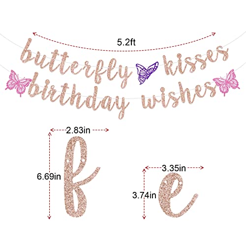 Butterfly Kisses Birthday Wishes Banner, Butterfly First Birthday Party Banner, Butterfly Birthday Party Decorations (Rose Gold)