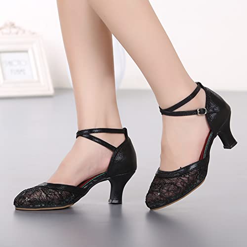 Mesh Rhinestone Sandals for Womens Latin Dance Shoes Heeled Ballroom Salsa Tango Party Sequin Dance Shoes Black, 8.5 Wide