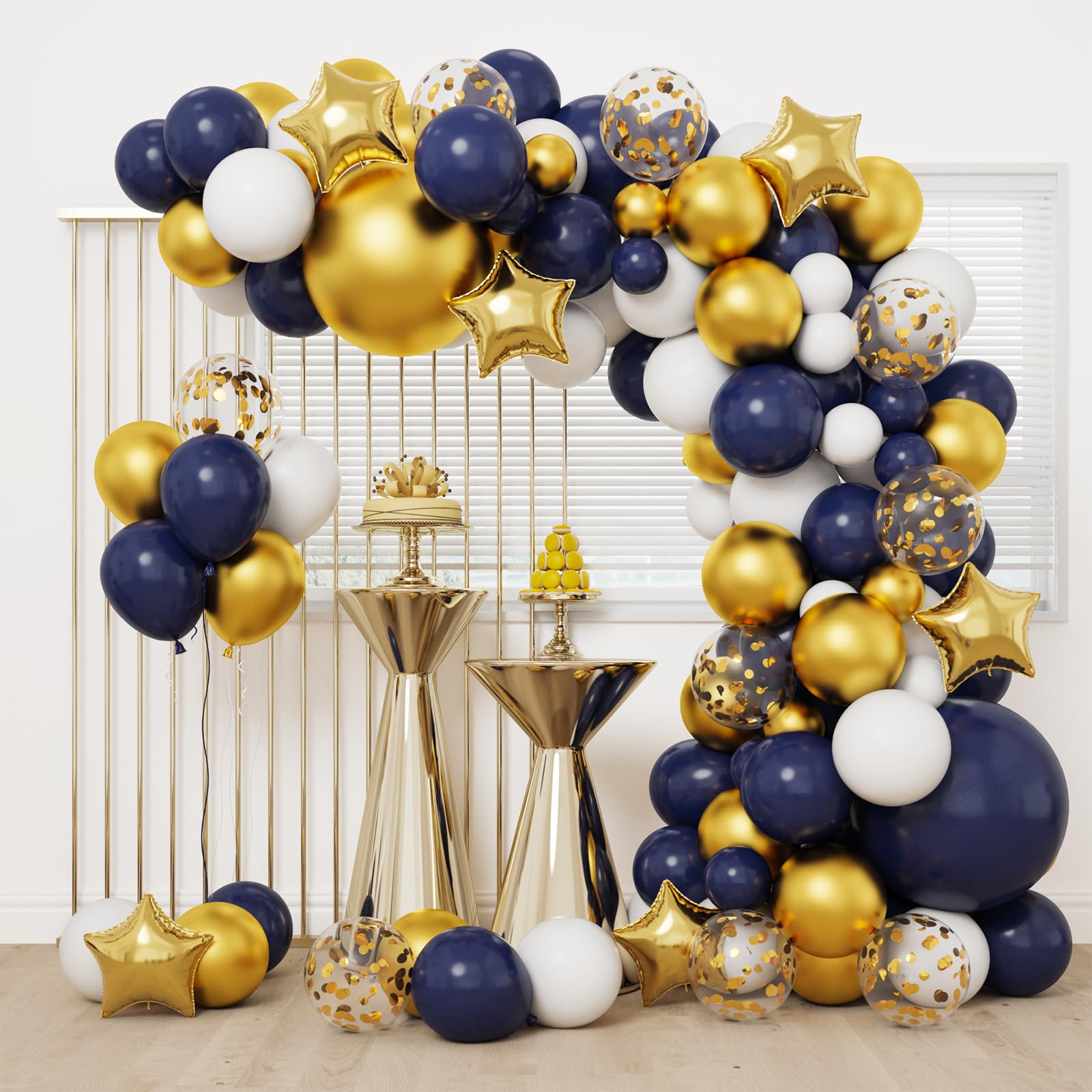 RUBFAC Navy Blue Gold Balloon Garland Arch Kit, 167pcs Royal Blue Gold White Balloons with Gold Confetti Balloons and Star Foil Balloons for Graduation Birthday Baby Shower Party Supplies Decorations