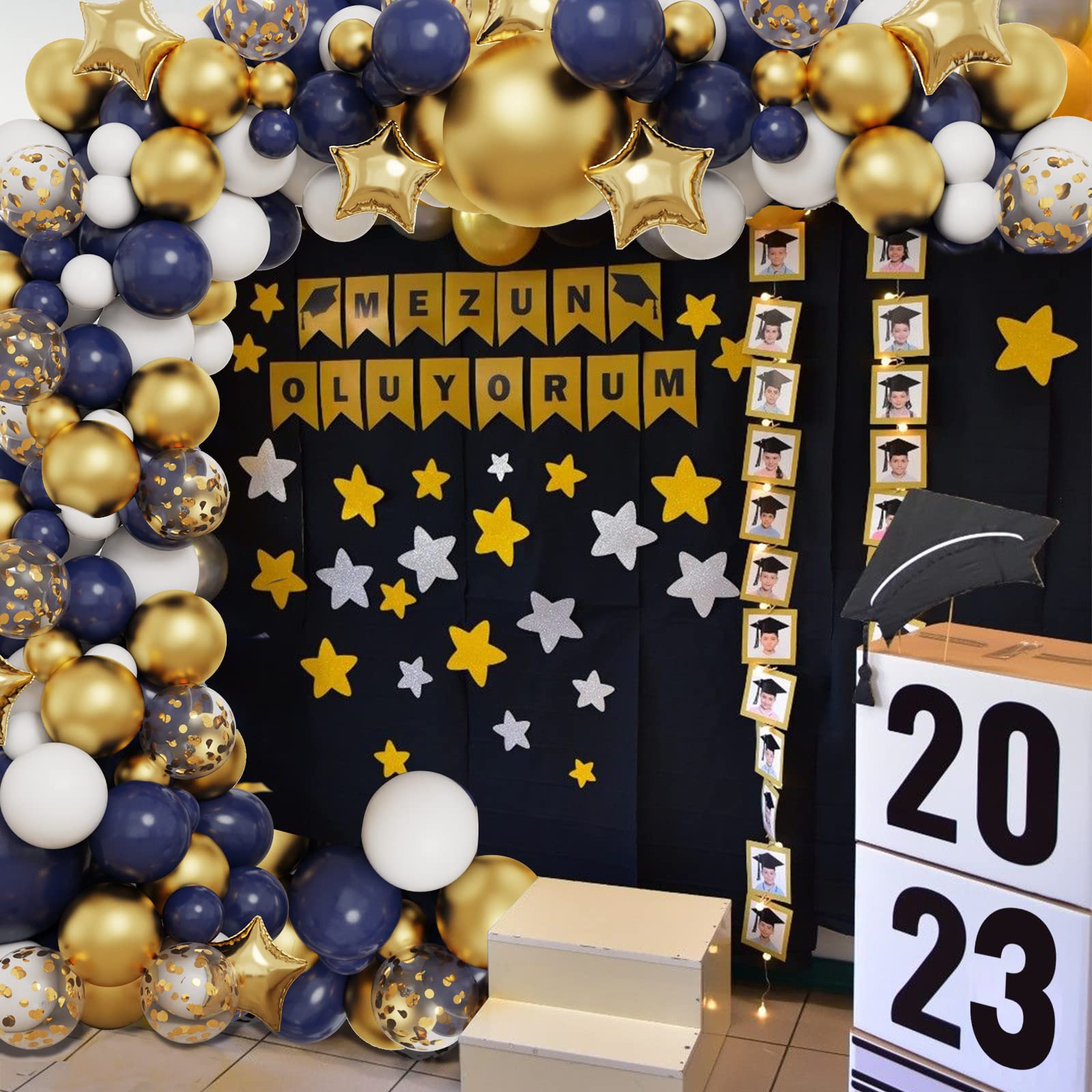 RUBFAC Navy Blue Gold Balloon Garland Arch Kit, 167pcs Royal Blue Gold White Balloons with Gold Confetti Balloons and Star Foil Balloons for Graduation Birthday Baby Shower Party Supplies Decorations