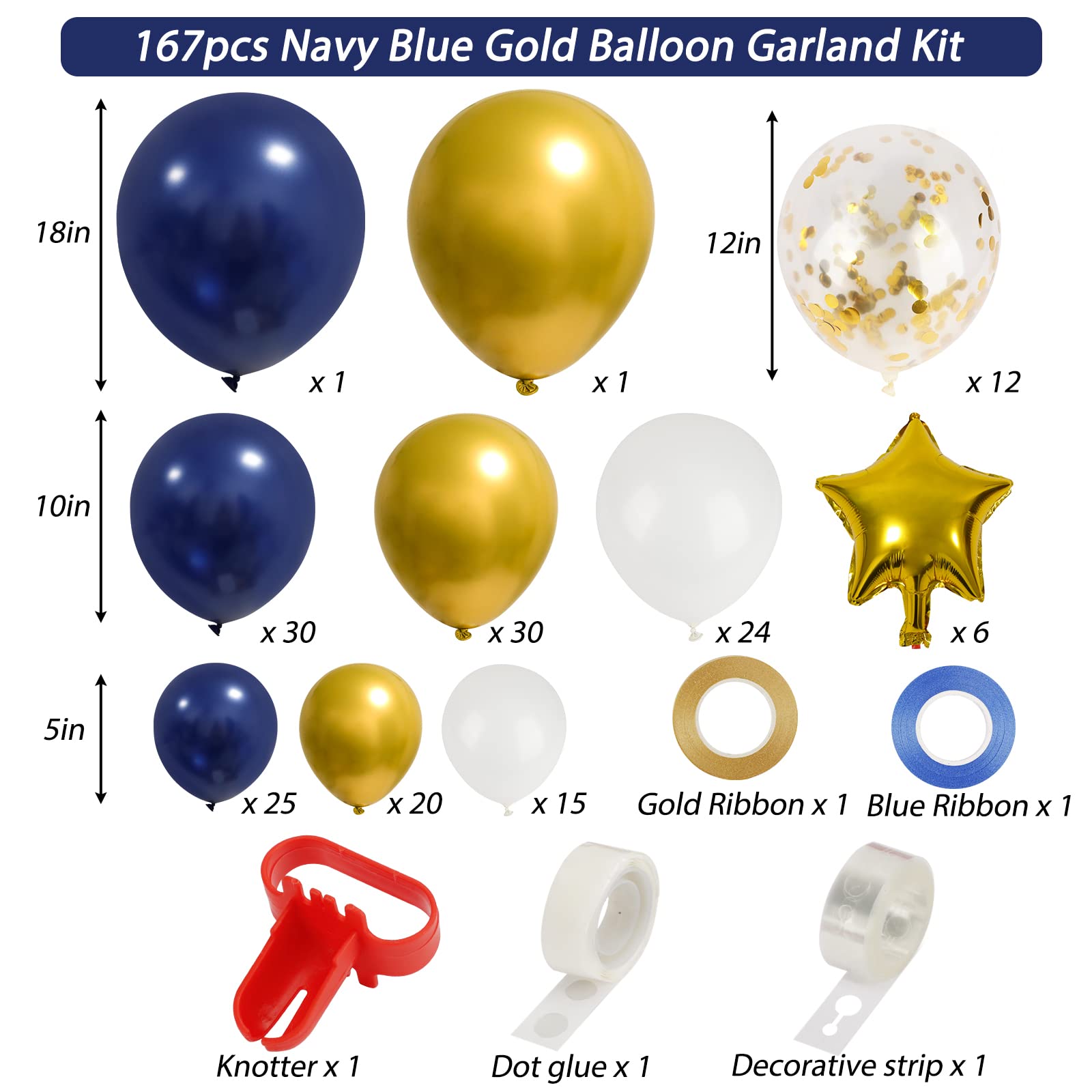 RUBFAC Navy Blue Gold Balloon Garland Arch Kit, 167pcs Royal Blue Gold White Balloons with Gold Confetti Balloons and Star Foil Balloons for Graduation Birthday Baby Shower Party Supplies Decorations