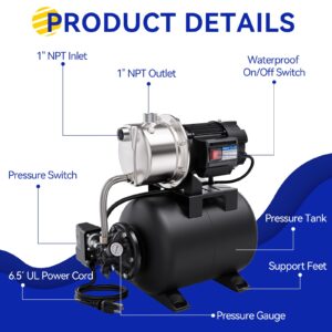 Acquaer 1.6HP Shallow Well Pump with Pressure Tank, Stainless Steel, 1320GPH 115V Irrigation Pump, Automatic Water Booster Jet Pump for Home, Garden, Lawn