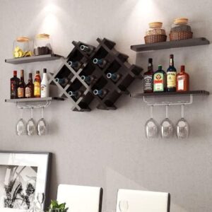 Gdrasuya10 Wall Mounted Wine Racks Shelves, Set of 5 Wine Storage Display Rack Wooden Wine Bottle Shelf Set with Glass Holder Multifunctional Rack (1 Wine Rack & 4 Shelves) Black