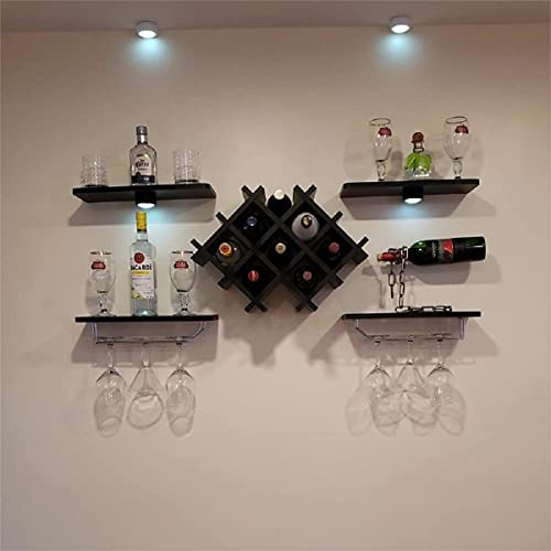 Gdrasuya10 Wall Mounted Wine Racks Shelves, Set of 5 Wine Storage Display Rack Wooden Wine Bottle Shelf Set with Glass Holder Multifunctional Rack (1 Wine Rack & 4 Shelves) Black