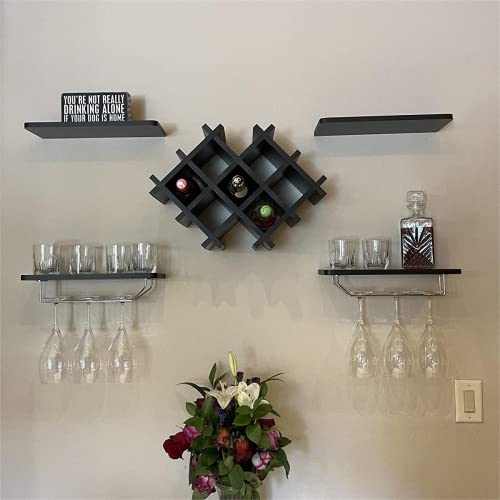 Gdrasuya10 Wall Mounted Wine Racks Shelves, Set of 5 Wine Storage Display Rack Wooden Wine Bottle Shelf Set with Glass Holder Multifunctional Rack (1 Wine Rack & 4 Shelves) Black