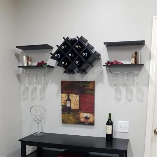 Gdrasuya10 Wall Mounted Wine Racks Shelves, Set of 5 Wine Storage Display Rack Wooden Wine Bottle Shelf Set with Glass Holder Multifunctional Rack (1 Wine Rack & 4 Shelves) Black