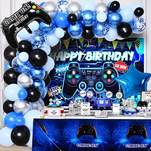 Winrayk Video Game Party Decorations Birthday Supplies Game Balloons Garland Arch kit Backdrop Game On Tablecloth Star Gamepad Foil Balloon Boy Girl Kids Teen Gamer Birthday Party Decorations Supplies