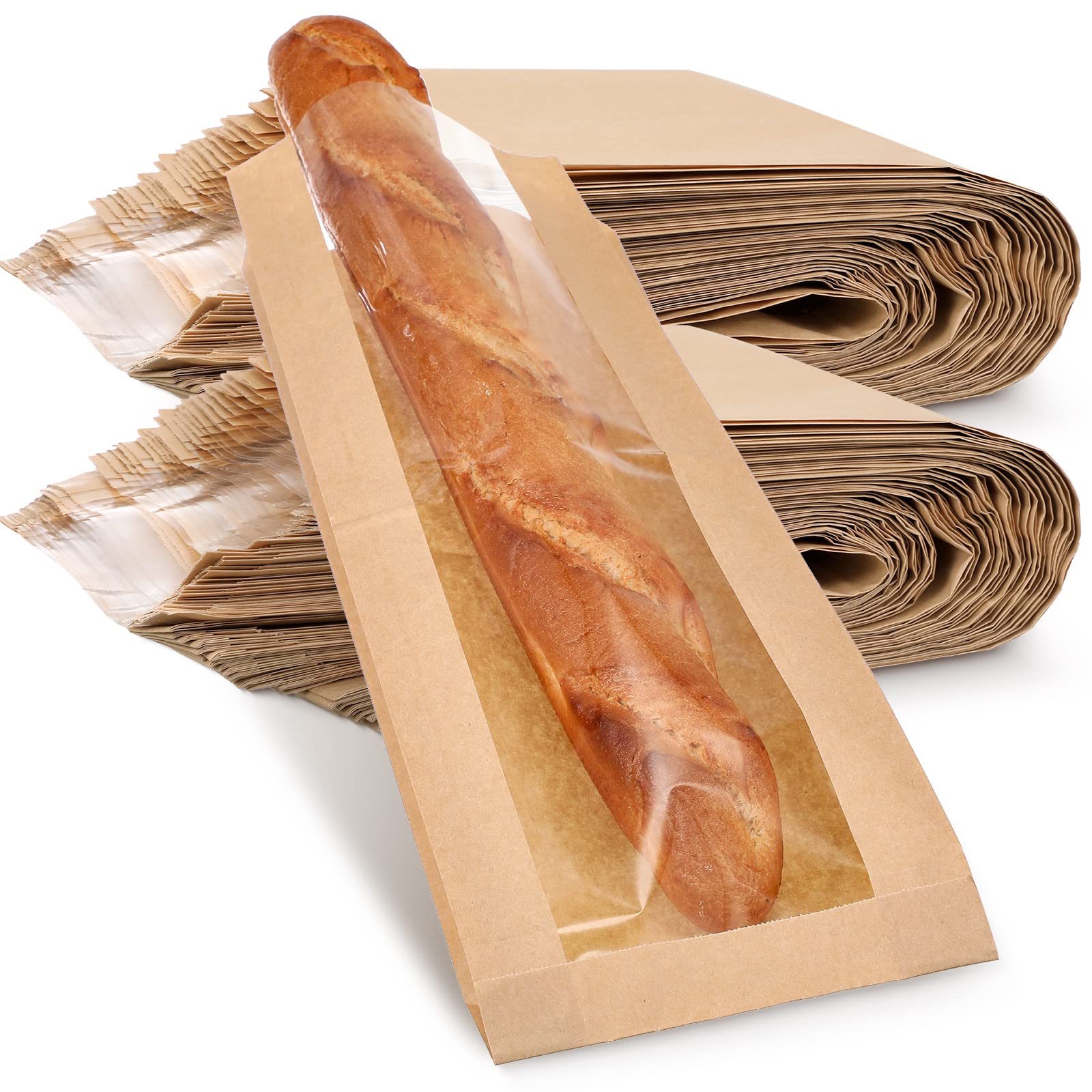 100 Pieces Paper Bread Bag with Window for Homemade Bread Bags Baguette Bags Brown Kraft Loaf Storage Sacks Long French Bread Bags Bread Biscuits Packaging (6.5 x 2 x 18 Inch)