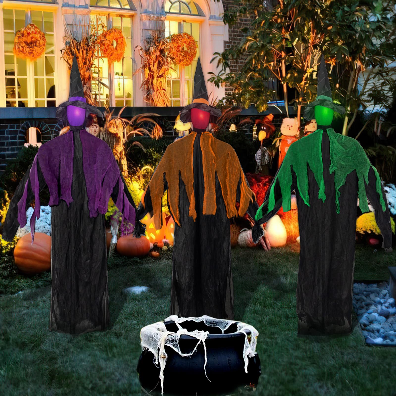 VABAMNA Witch Halloween Decorations Outdoor - 3Pcs Light Up Halloween Witch Stakes Holding Hands for Scary Halloween Yard, Patio, Haunted House Decorations Outside