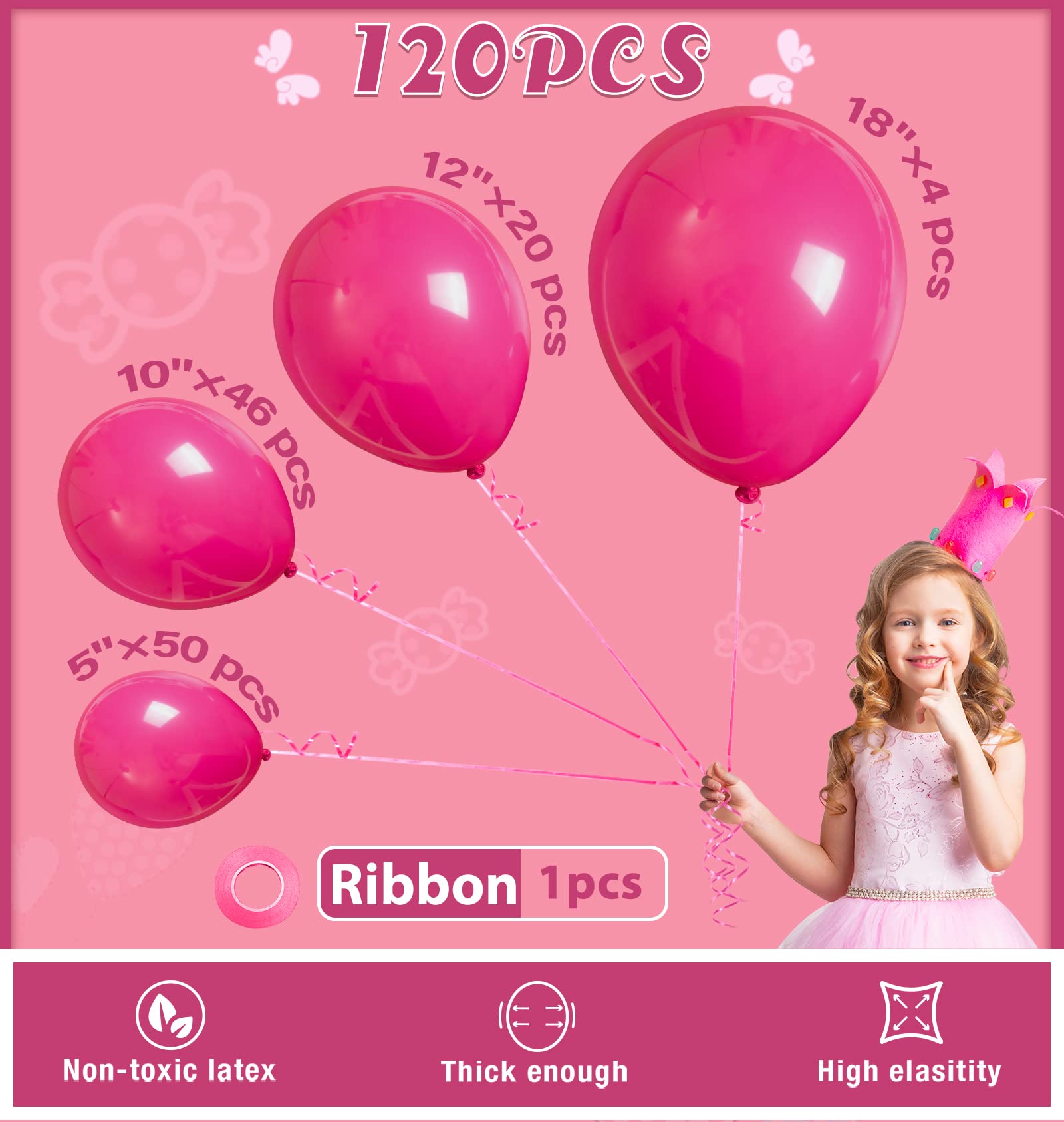 Ponamfo Pink Balloon Arch Kit - 120Pcs 18"+12"+10"+5" Hot Pink Mette Balloons Garland Kit Different Size as Birthday Party Balloons Gender Reveal Balloons Baby Shower Balloons Wedding