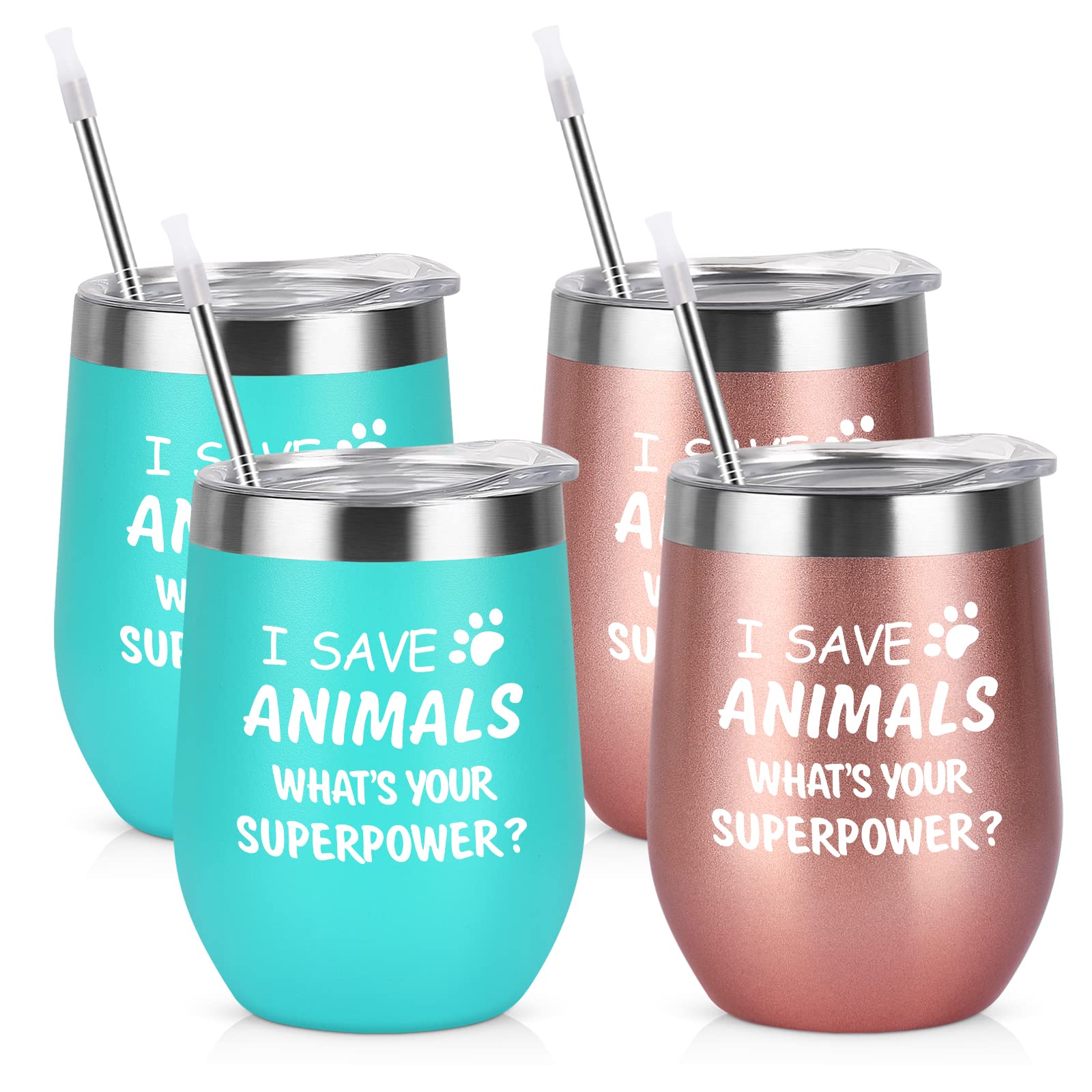 I Save Animals, Whats Your Superpower- Stainless Steel 4 Pack Wine Tumbler with Lid, Birthday Christmas Ideas for Veterinarian Veterinary Technician, Doctor Assistant Graduation(12oz, Rose Gold&Mint)