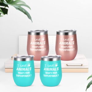 I Save Animals, Whats Your Superpower- Stainless Steel 4 Pack Wine Tumbler with Lid, Birthday Christmas Ideas for Veterinarian Veterinary Technician, Doctor Assistant Graduation(12oz, Rose Gold&Mint)