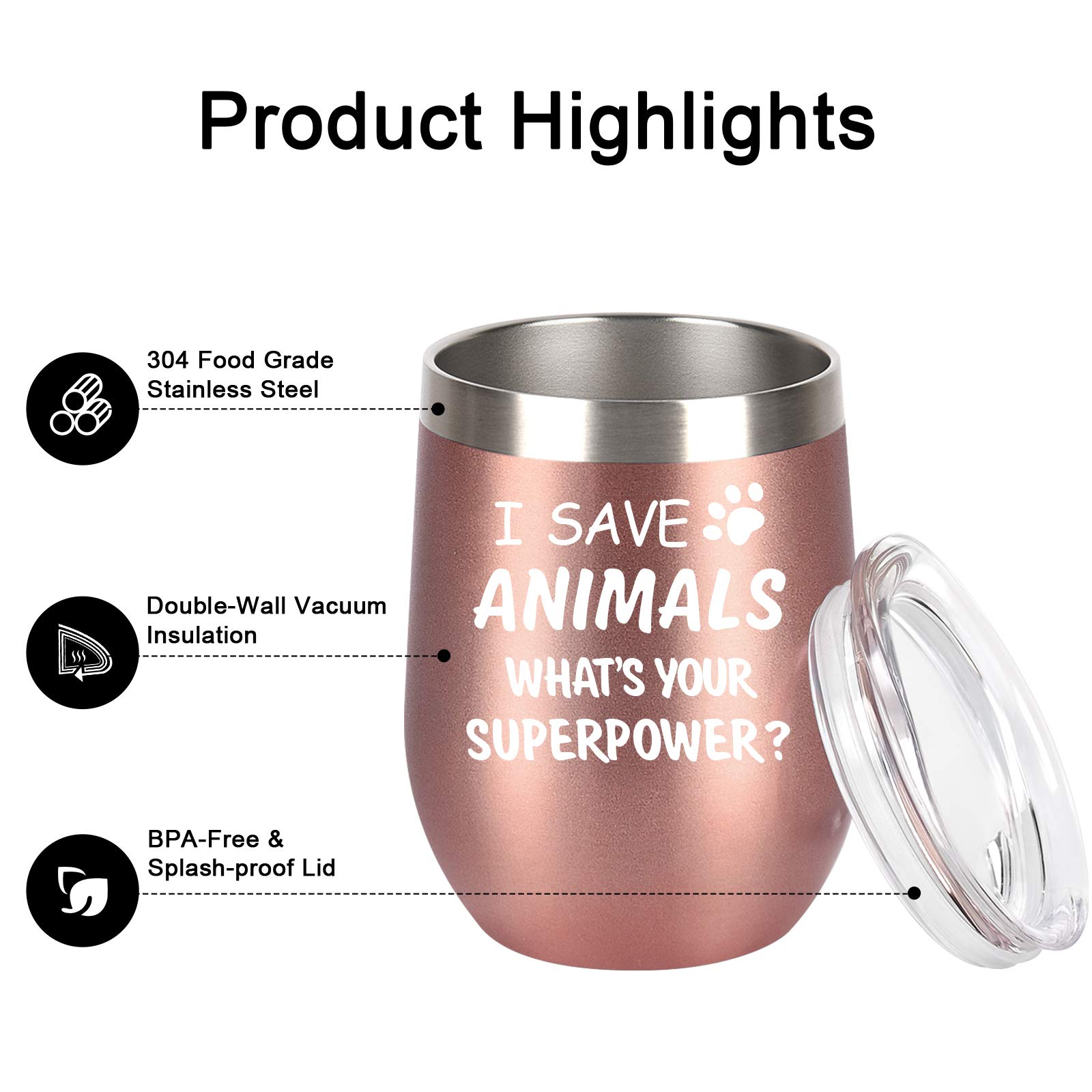 I Save Animals, Whats Your Superpower- Stainless Steel 4 Pack Wine Tumbler with Lid, Birthday Christmas Ideas for Veterinarian Veterinary Technician, Doctor Assistant Graduation(12oz, Rose Gold&Mint)