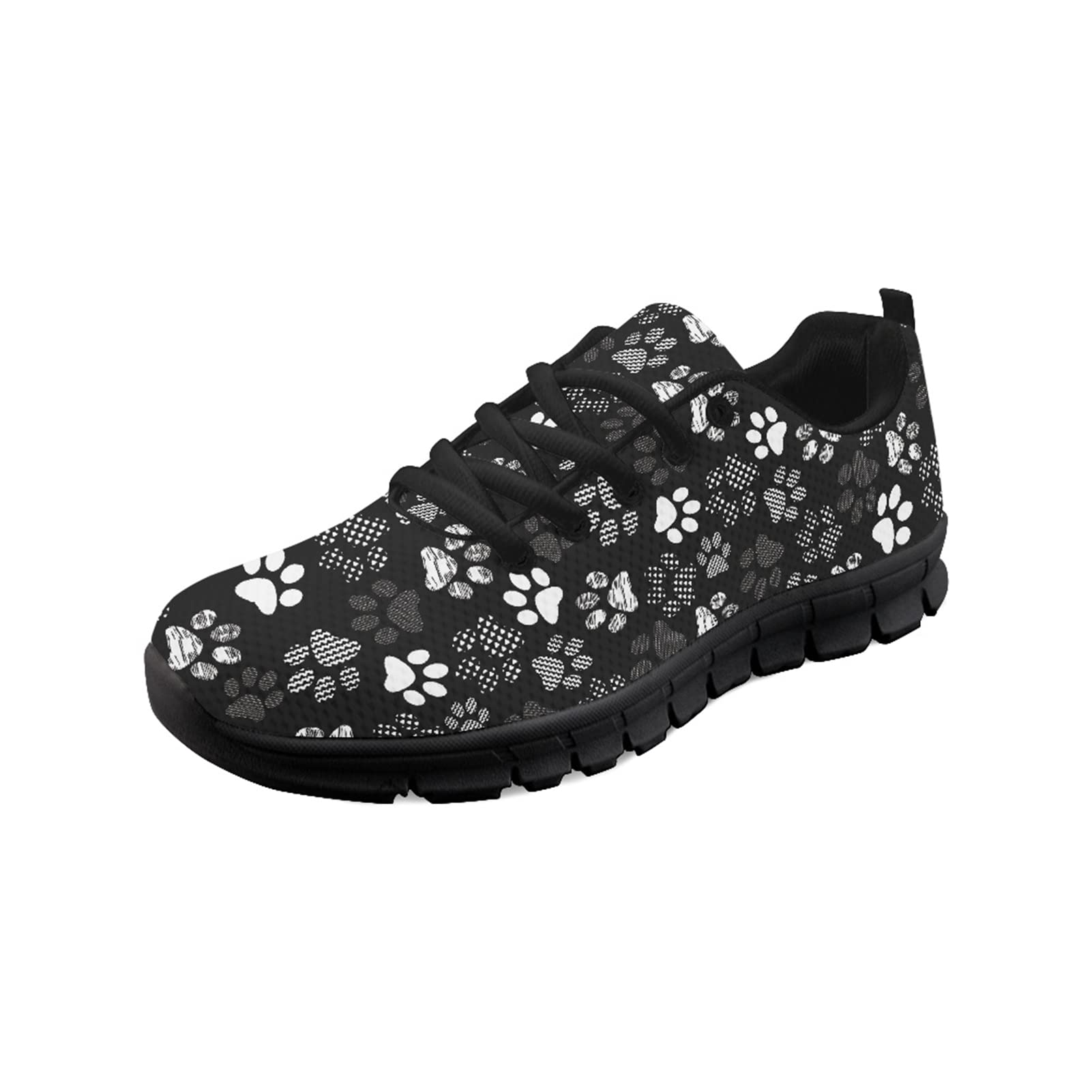 Wanyint Black Paw Print Mesh Breathable Girls' Black Sole Sneakers Dog Cat Puppy Footprint Pattern Lace Up Women Running Shoes for Travel Outdoor Training Athletic Shoes Sport Shoes