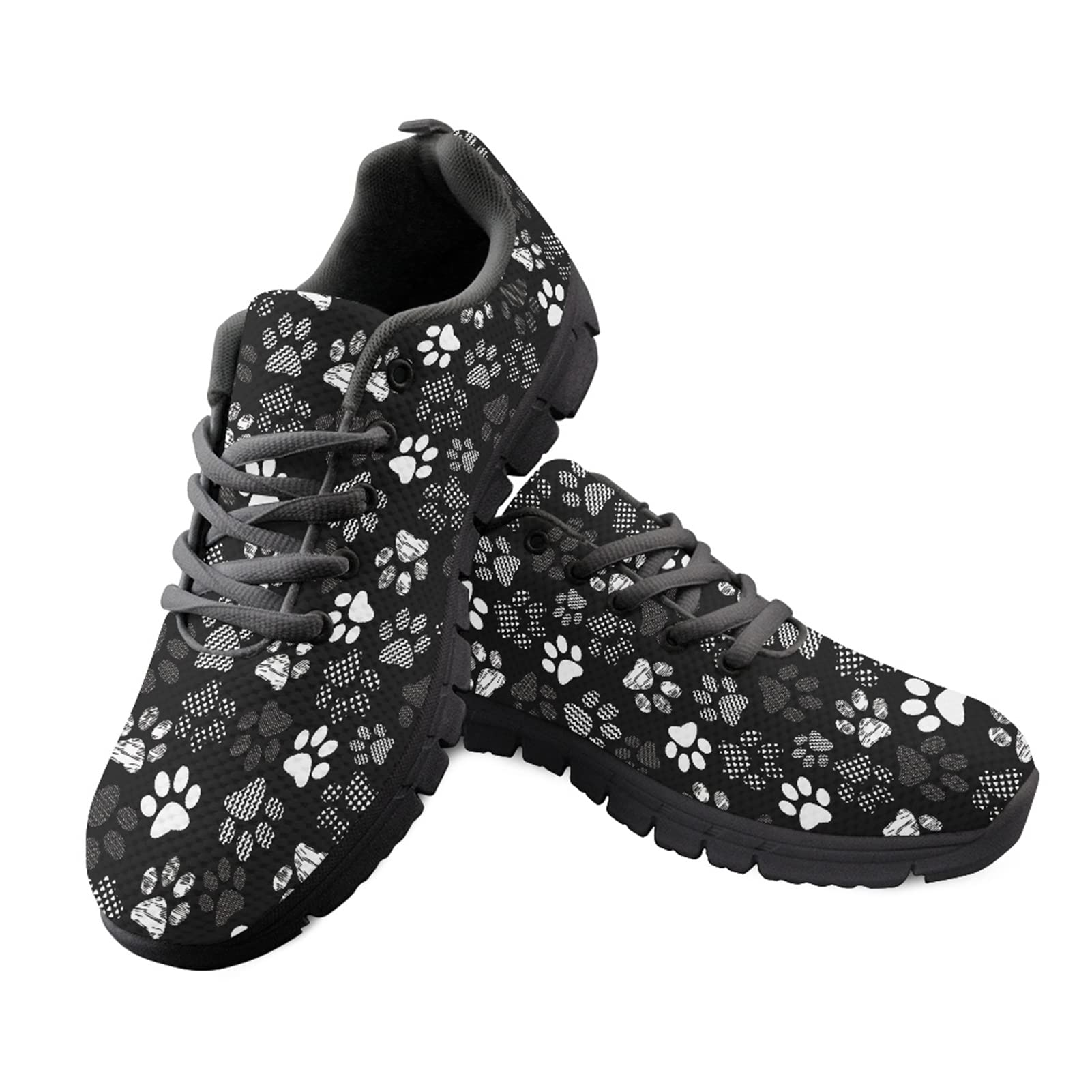 Wanyint Black Paw Print Mesh Breathable Girls' Black Sole Sneakers Dog Cat Puppy Footprint Pattern Lace Up Women Running Shoes for Travel Outdoor Training Athletic Shoes Sport Shoes