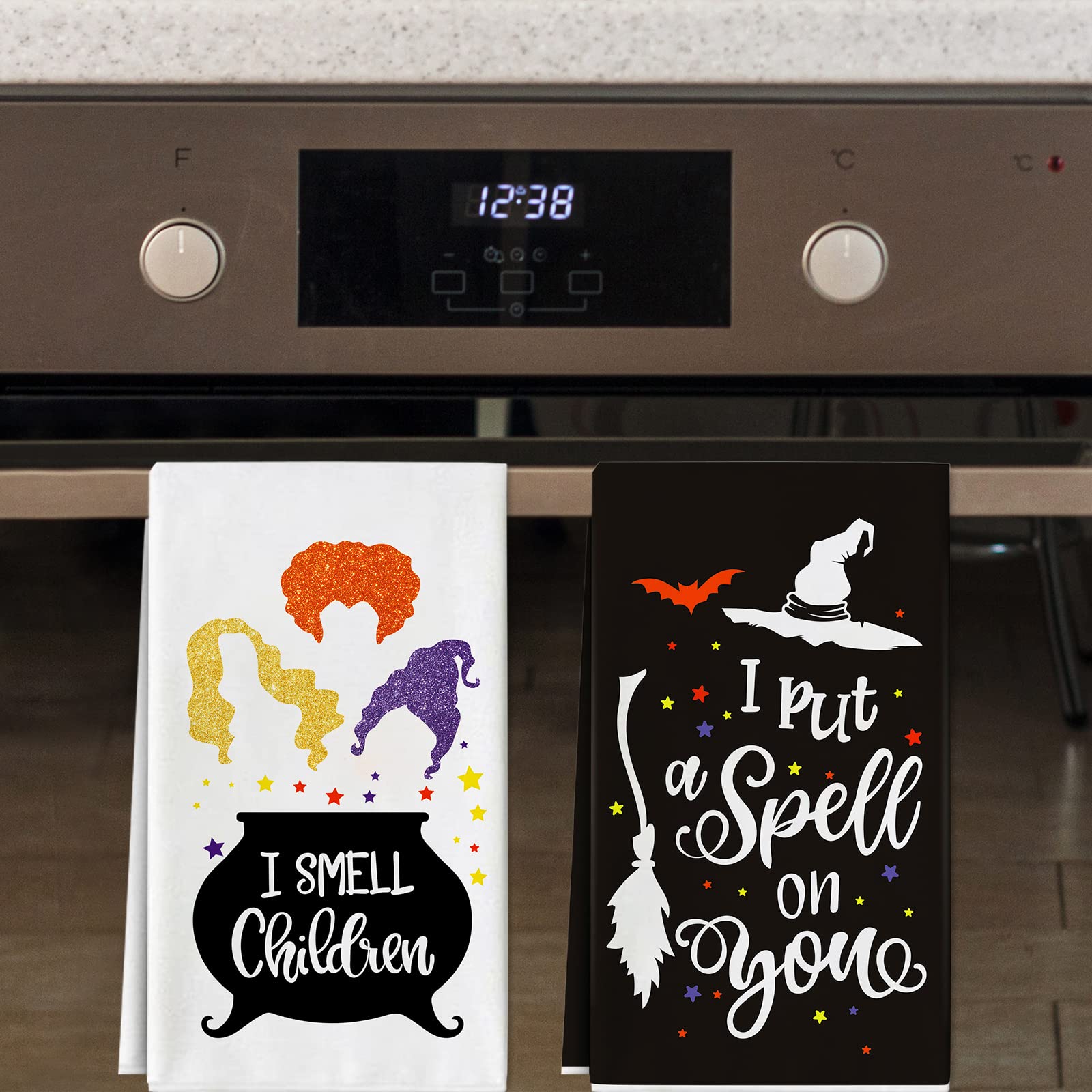 AnyDesign Halloween Kitchen Towel White Black Hocus Pocus Tea Towel 18 x 28 Inch Witches Theme Hand Drying Cloth Washable Decorative Dishcloth for Home Kitchen Bathroom Cooking, 4 Pack