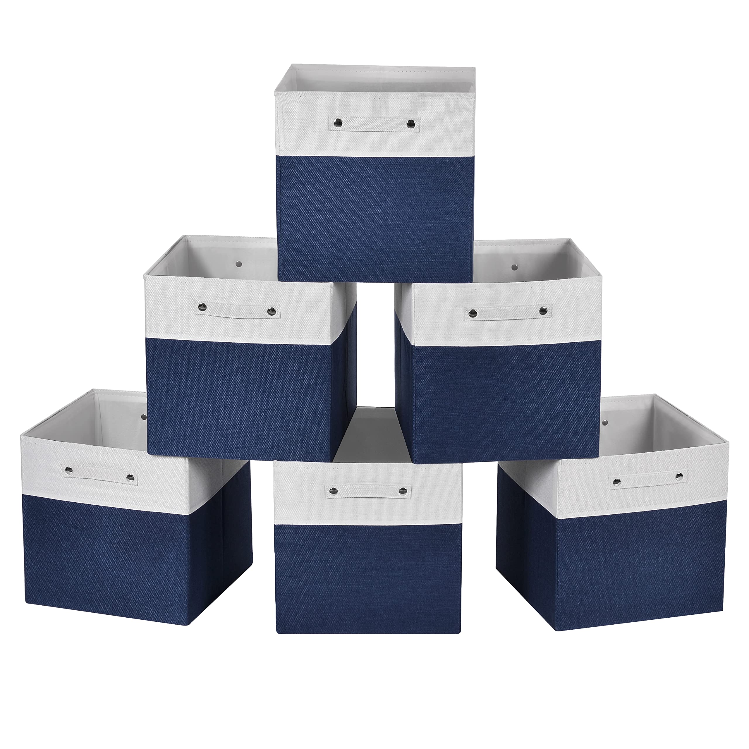 FinishingBo 13x13x13 Cube Storage Bins, Collapsible Fabric Storage Cubes Organizer , Foldable Large Storage Baskets for Nursery, Toys Organizing Closet, Shelf Cabinet（6Pack, White and Navy Blue