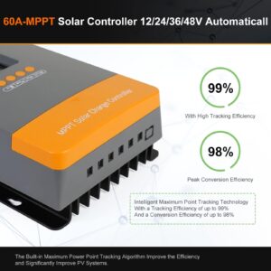 60A Solar Charge Controller 12V/24V/36V/48V DC MPPT Solar Charge Controller LCD Display Solar Panel Regulator Charge Controller for Sealed Lead-Acid Flooded Gel and Lithium Battery