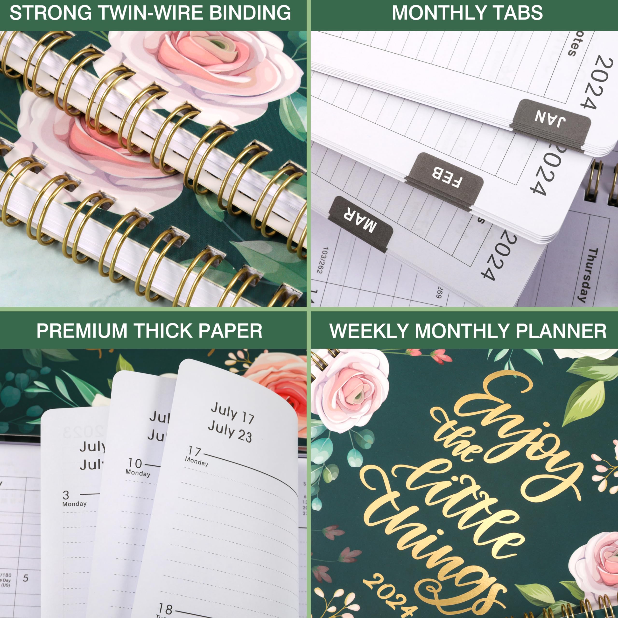 2024 Planner - Planner/Calendar 2024, Jan 2024 - Dec 2024, 2024 Planner Weekly and Monthly with Tabs, 8" x 10", Flexible Cover + Thick Paper + Twin-Wire Binding, Perfect Daily Organizer - Floral