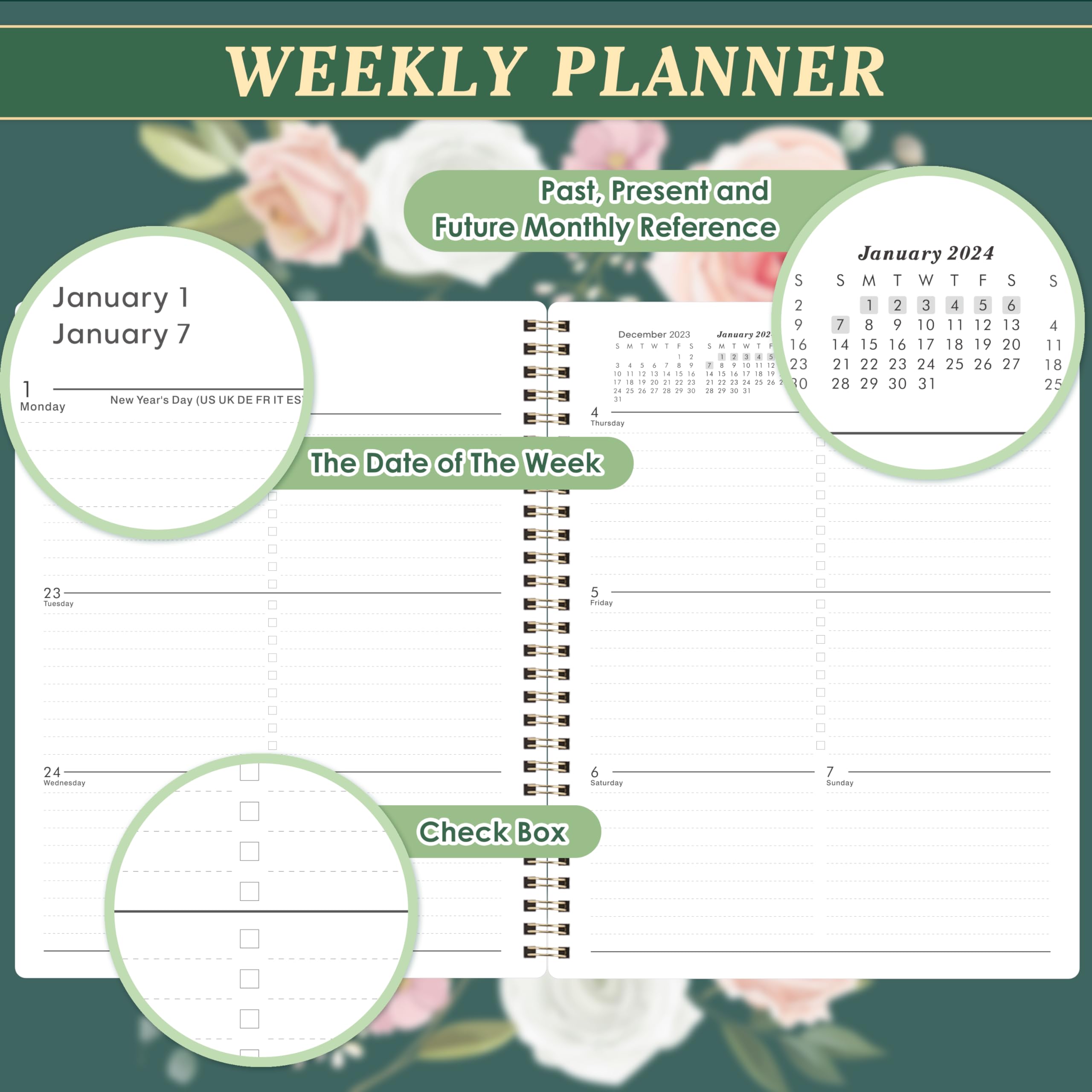 2024 Planner - Planner/Calendar 2024, Jan 2024 - Dec 2024, 2024 Planner Weekly and Monthly with Tabs, 8" x 10", Flexible Cover + Thick Paper + Twin-Wire Binding, Perfect Daily Organizer - Floral