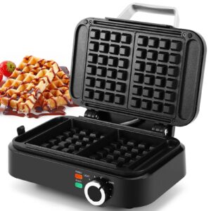 belgian waffle maker monxook, non-stick waffle iron with 6 browning control, makes 2 slices of 1" thick waffles, mess-free sides, pfoa free, stainless steel/black